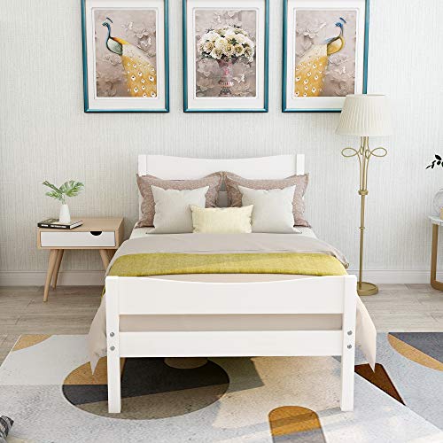 SOFTSEA Twin Size Platform Bed Frame, Wood Kid's Bed Frame with Headboard and Footboard, Mattress Foundation No Box Spring Needed (White)