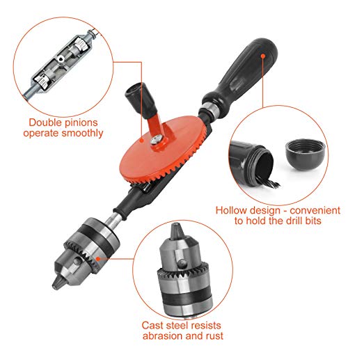 3/8 inch Hand Drill Manual Hand Crank Drill with 8Pcs Drill Bit Set, Safe Double Pinions DesignHand Drill for Wood Plastic and Metal