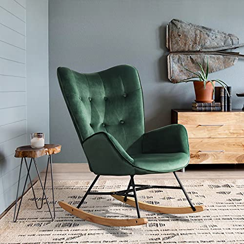 FurnitureR Rocking Wooden and Metal Rocker Glider, Scandinavian Fabric Armchair Comfy Side Living Room Bedroom Studio Leisure Office Accent Chair, Green