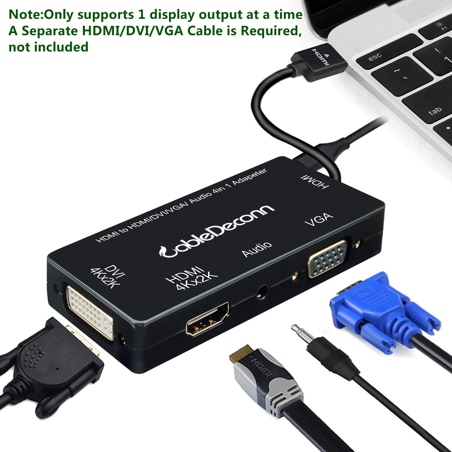 CableDeconn Multiport 4-in-1 HDMI to HDMI DVI 4K VGA Adapter Cable with Audio Output Adapter Converter (Black)