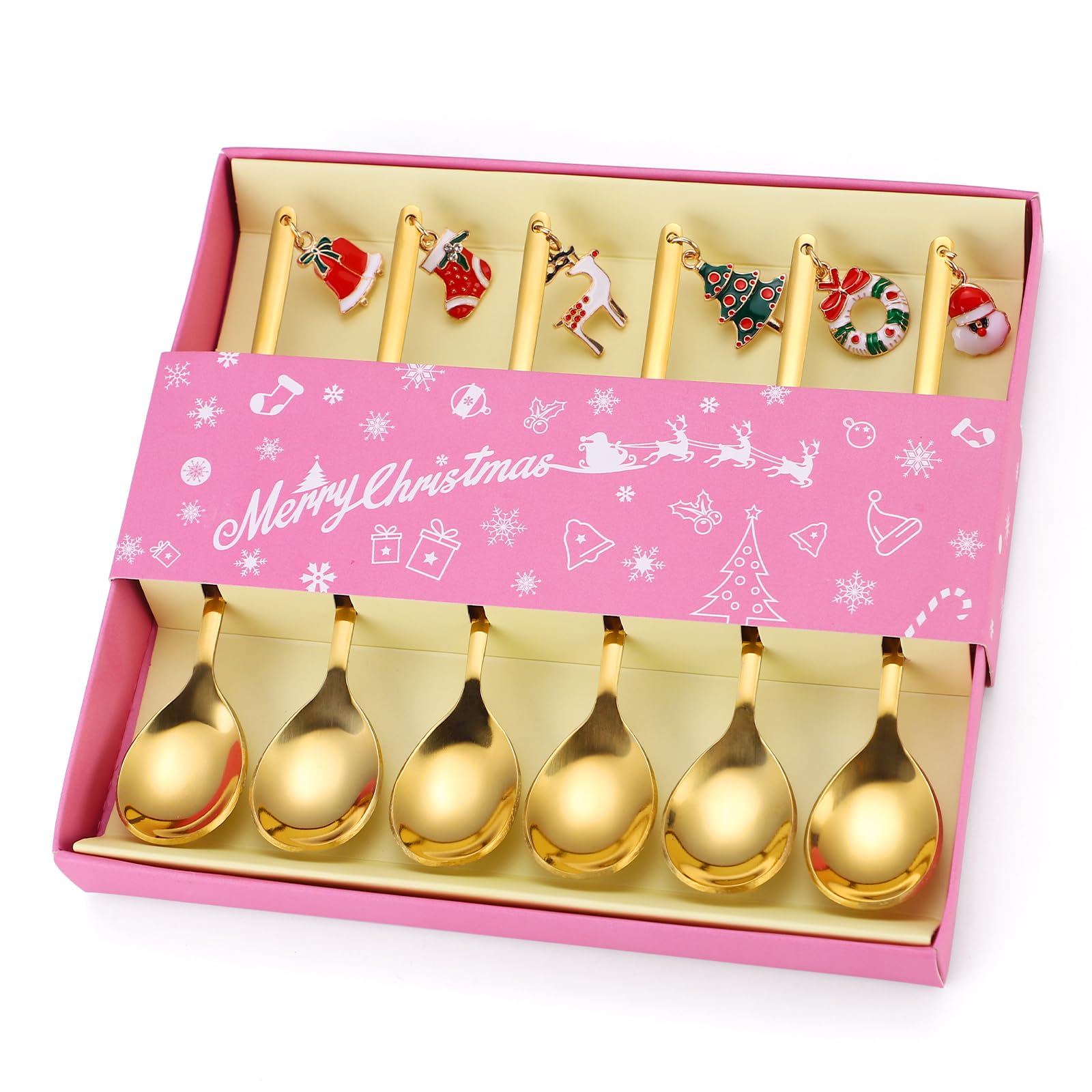 A · HOUSEWARE Coffee Spoons Gold Silverware Christmas 6 Pieces Small Stainless Steel Flatware Xmas Decorative Pendants Cute Drinking Stirrers for Festive and Daily Kitchen Utensils