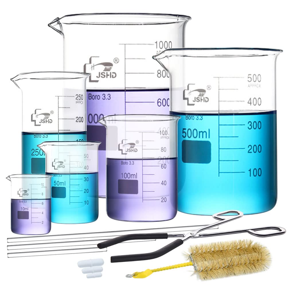 ADAMAS-BETA 14PCS Glass Beaker Set, 6 Sizes - 10ml 50ml 100ml 250ml 500ml 1000ml Graduated Beakers + 11" Beaker Tongs + 3pcs Glass Stirring Rods + 3pcs Magnetic Stir Bar + 1000ml Beaker Brush