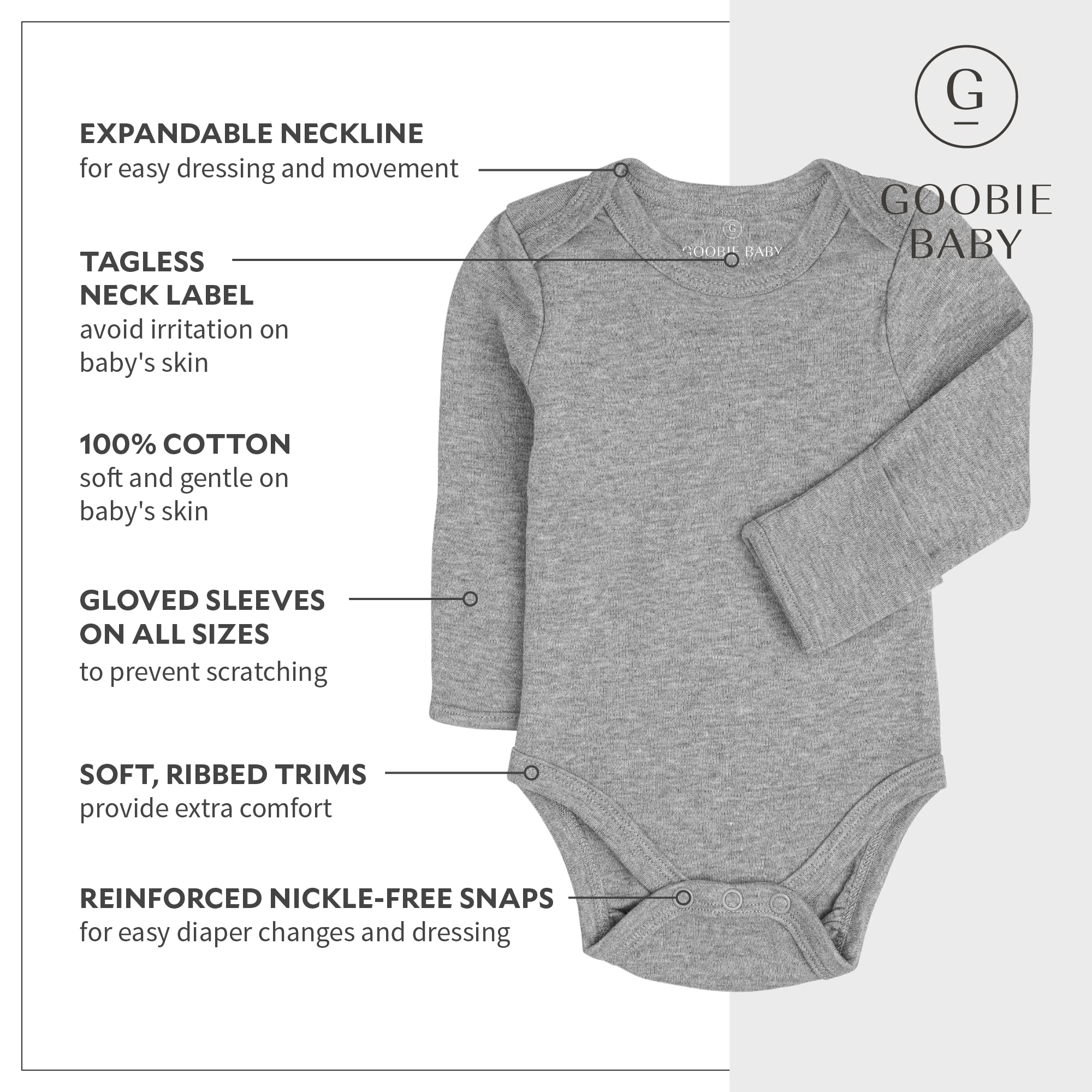 Goobie Baby Long Sleeve Classic Bodysuit Set with Fold-over Mitten Cuffs to Prevent Scratching, Soft 100% Cotton Onesie, Tagless Neck, 4 Pack (Gray, 3-6 Months)