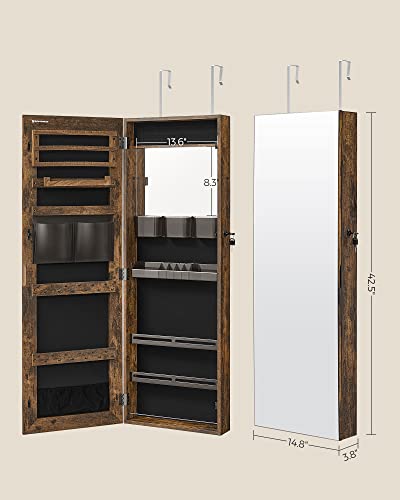 SONGMICS Jewelry Cabinet Armoire, Wall/Door Mount Storage Organizer with Full-Length Mirror, Lockable Cabinet with Built-in Small Mirror, Shelves, Gift Idea, Rustic Brown UJJC003X01