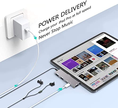 iPad Pro USB C Hub, 6-in-1 Adapter for iPad Pro 2021 iPad Air 5 Docking Station with 4K HDMI, 60W Power Delivery, 2 USB 3.0 & 3.5mm Headphone Jack, for MacBook Air, MacBook Pro, XPS, and More