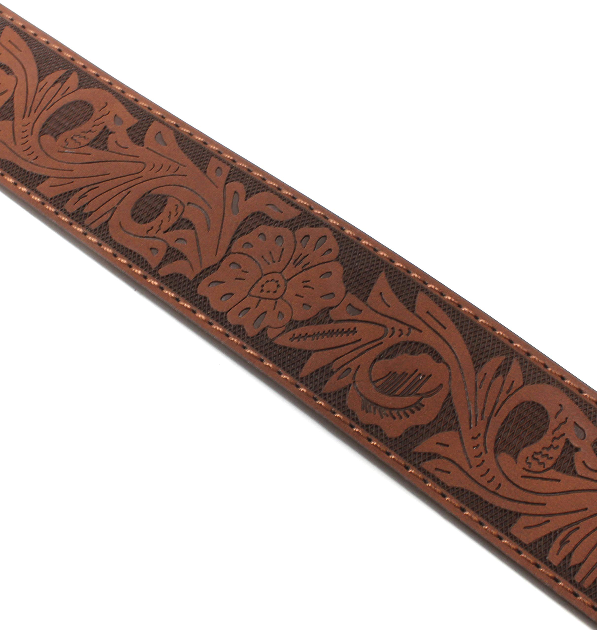 BC Belts Womens Leather Belt Strap with Embossed Western Flowers Pattern 1.5" Wide with Snaps (Brown-S)
