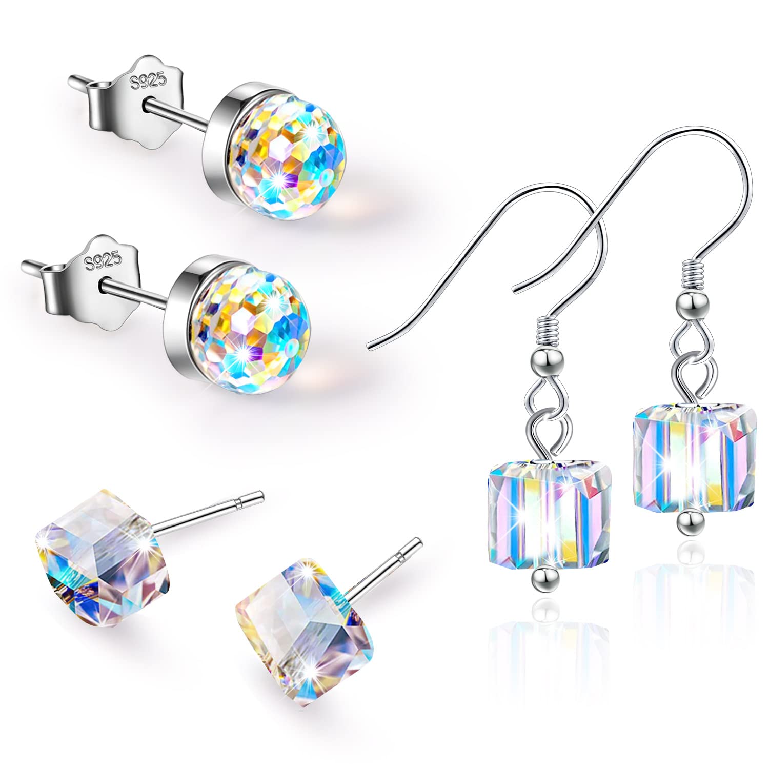 3Pairs Austrian Crystal Earrings for Women - ZEVER 925 Sterling Sliver Cube Ball Stud/Dangle Earrings Hypoallergenic Earring Set for Girls Valentine’s Gift