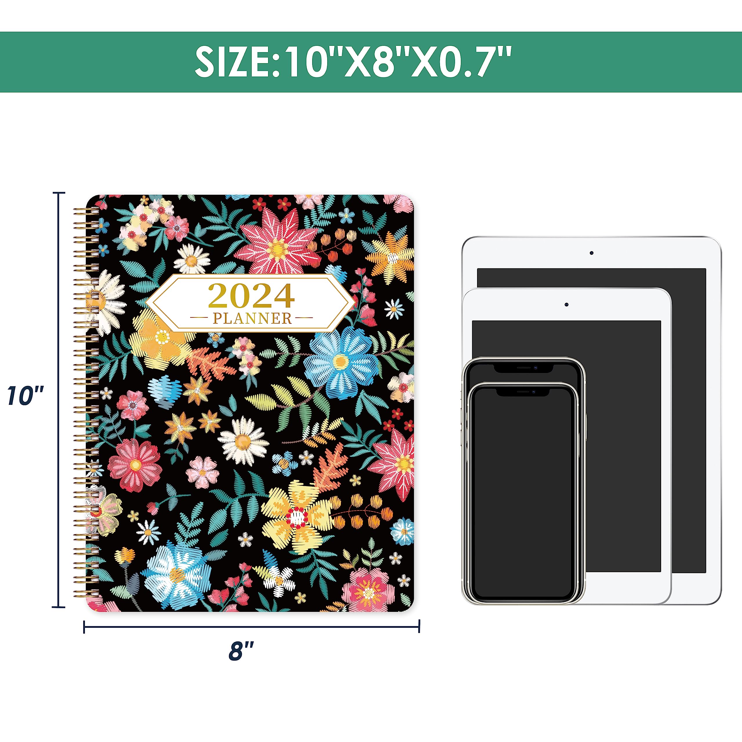 2024 Planner - Planner 2024, January 2024 - December 2024, 8" x 10", Weekly Monthly Planner 2024 with Printed Tabs, Flexible Cover, Twin- Wire Binding