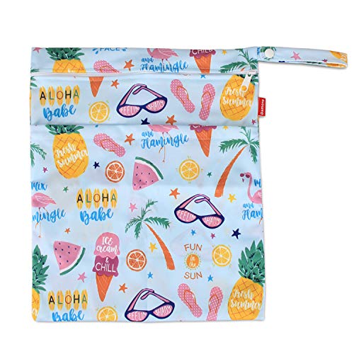Damero 2Pcs Wet Dry Bag with 2 Zippered Pockets and Snap Handle for Cloth Diaper, Swimsuit, Clothes, Ideal for Travel, Exercise, Daycare, Roomy and Water-Resistant (Small+Large,Summer Style)