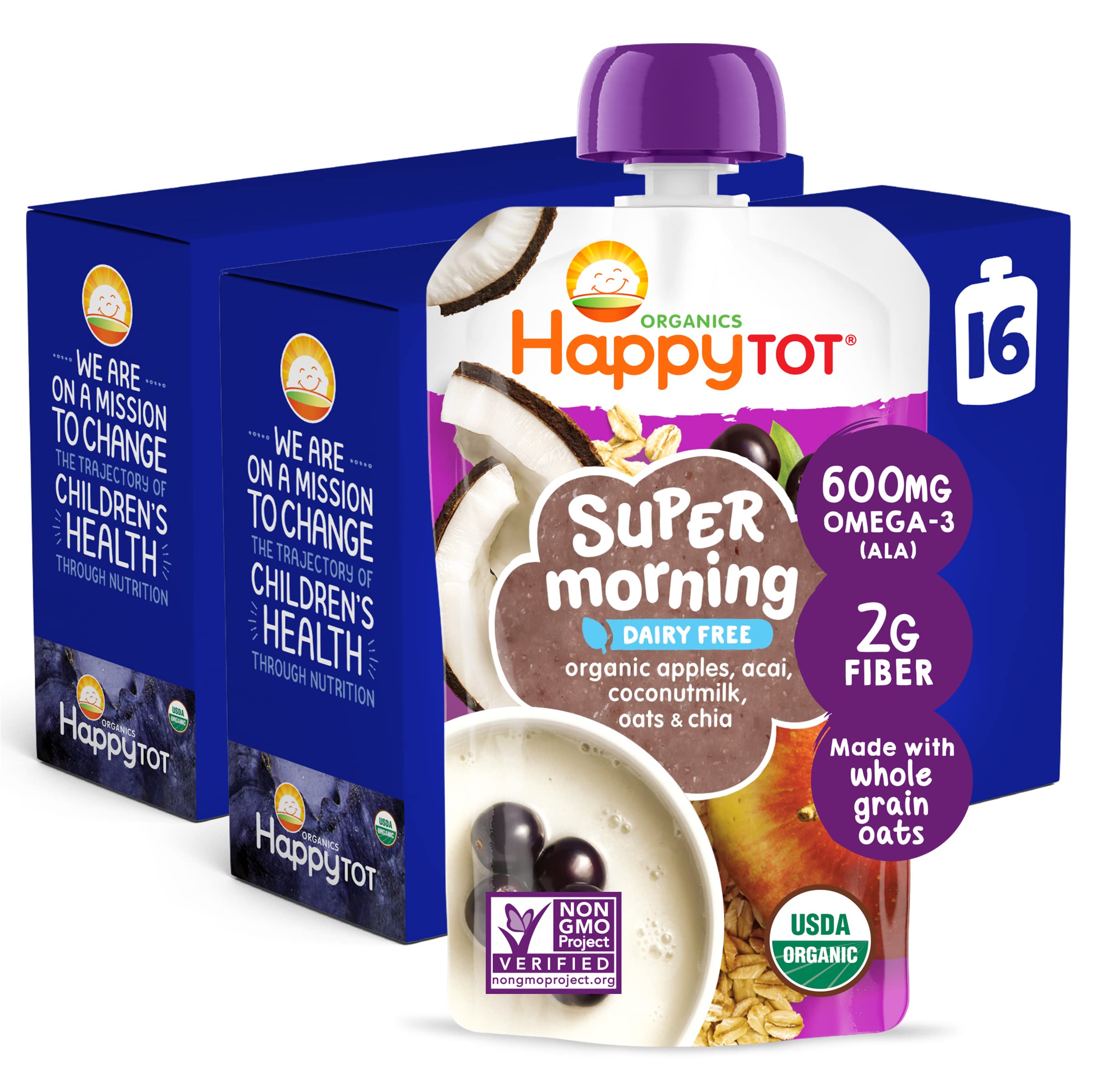 Happy Tot Organics Stage 4 Baby Food Pouches, Gluten Free, Vegan & Dairy Free Snack, Super Morning Fruit & Oat Blend, Apple, Acai, Coconutmilk, Oats & Chia, 4 Oz (Pack of 16)