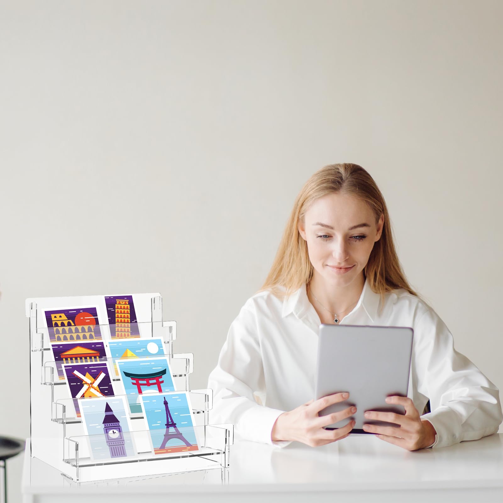 4 Tier Acrylic Greeting Card Display Stand Sticker Display Stand for Vendors Retail Display Postcard Display Photo Stand Retail Display Racks Mail Organizer Stamp Pad Holder Storage for Cards