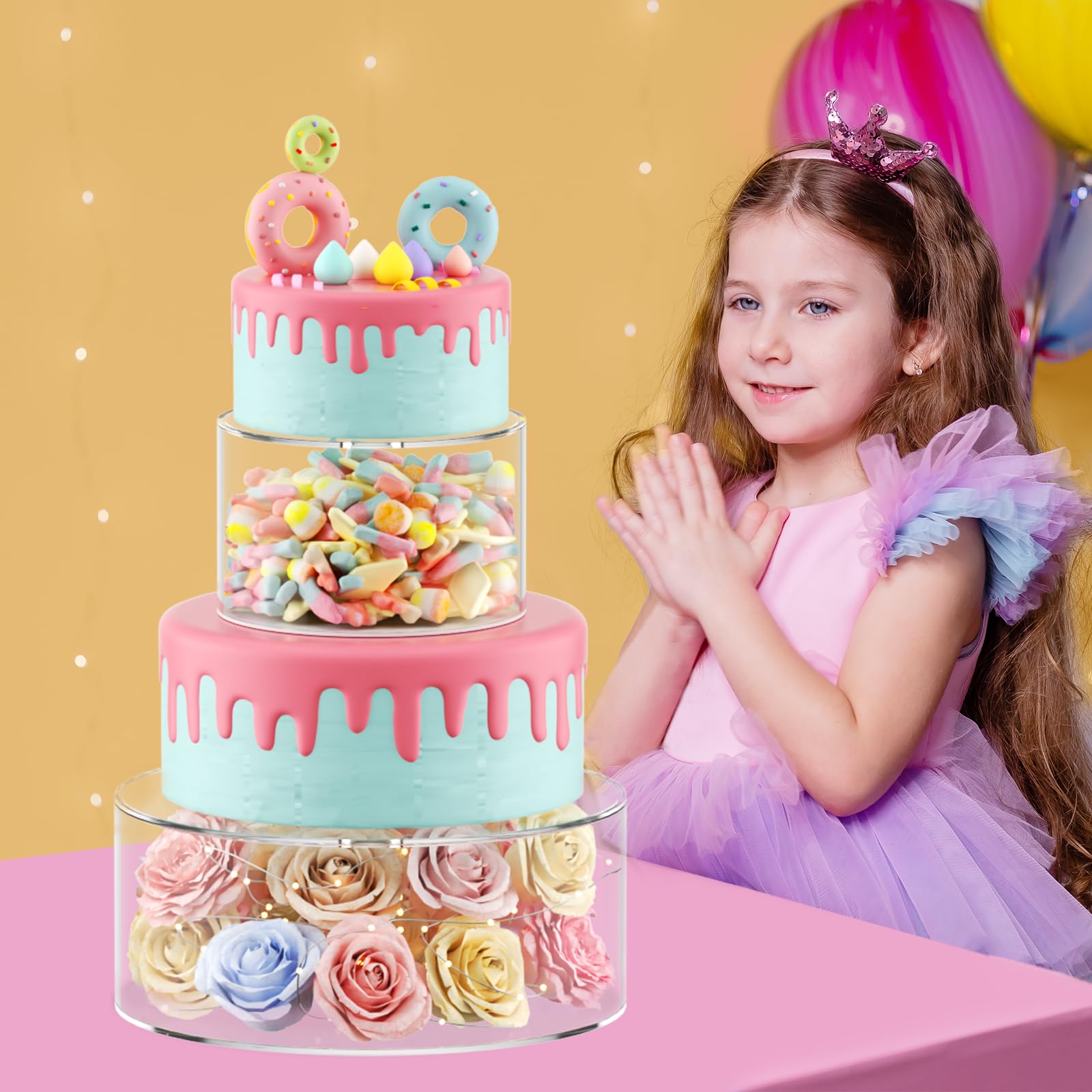 2 PCS Clear Acrylic Cake Stand, FEMELI Fillable Cake Box Case Tier Holder, Cylinder Round Cake Riser Display Box with Lid, Centerpiece Cake Base with Lights for Birthday Wedding Party Decor(10*4, 6*4)