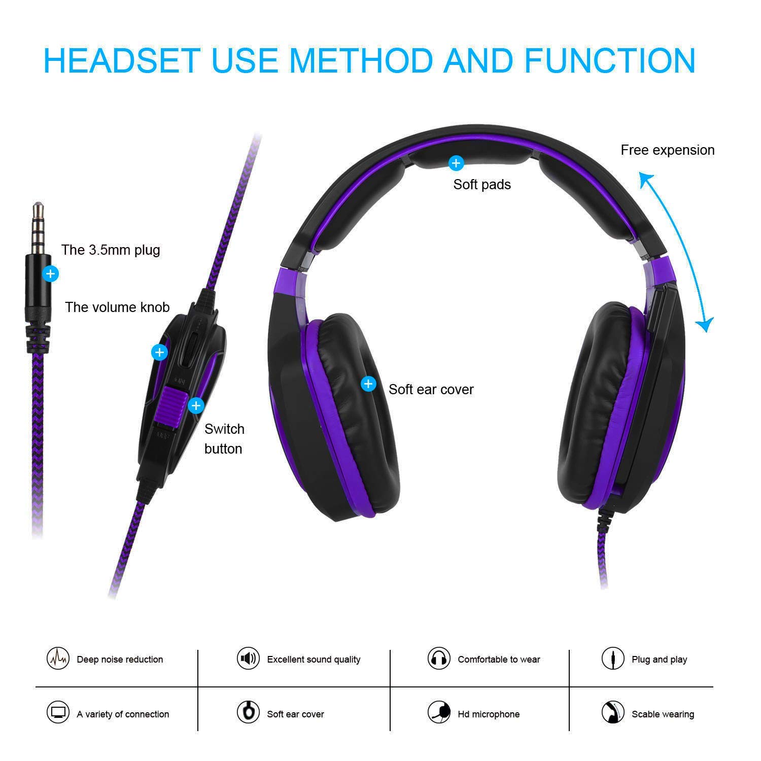 Anivia Gaming Headset Bass Surround Sound Stereo PS4 Headset with Flexible Microphone Volume Control Noise Canceling Mic Over-Ear Headphones Compatible for PS4 Xbox one Laptop PC Mac Purple