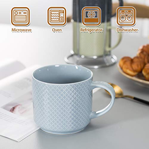 Hasense Stackable Porcelain Coffee Mugs Set of 4 with Metal Stand, 15 Ounce Embossed Cappuccino Cups for Specialty Coffee Drinks and Tea, Multi Color