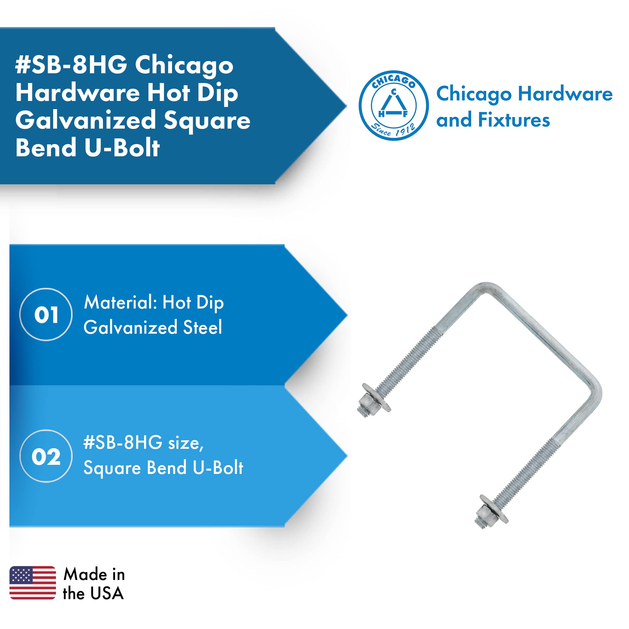 Chicago Hardware, 53440 6, U-Bolt, Square, Low Steel, 3/8-16