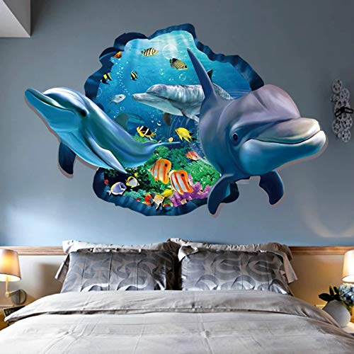 Ocean World Wall Stickers, 3D Blue Dolphin 3D Shark Broken Wall Stickers Tropical Fish DIY Wall Decals Art Decor for Kids Boys Bedroom Playroom (Dolphin)