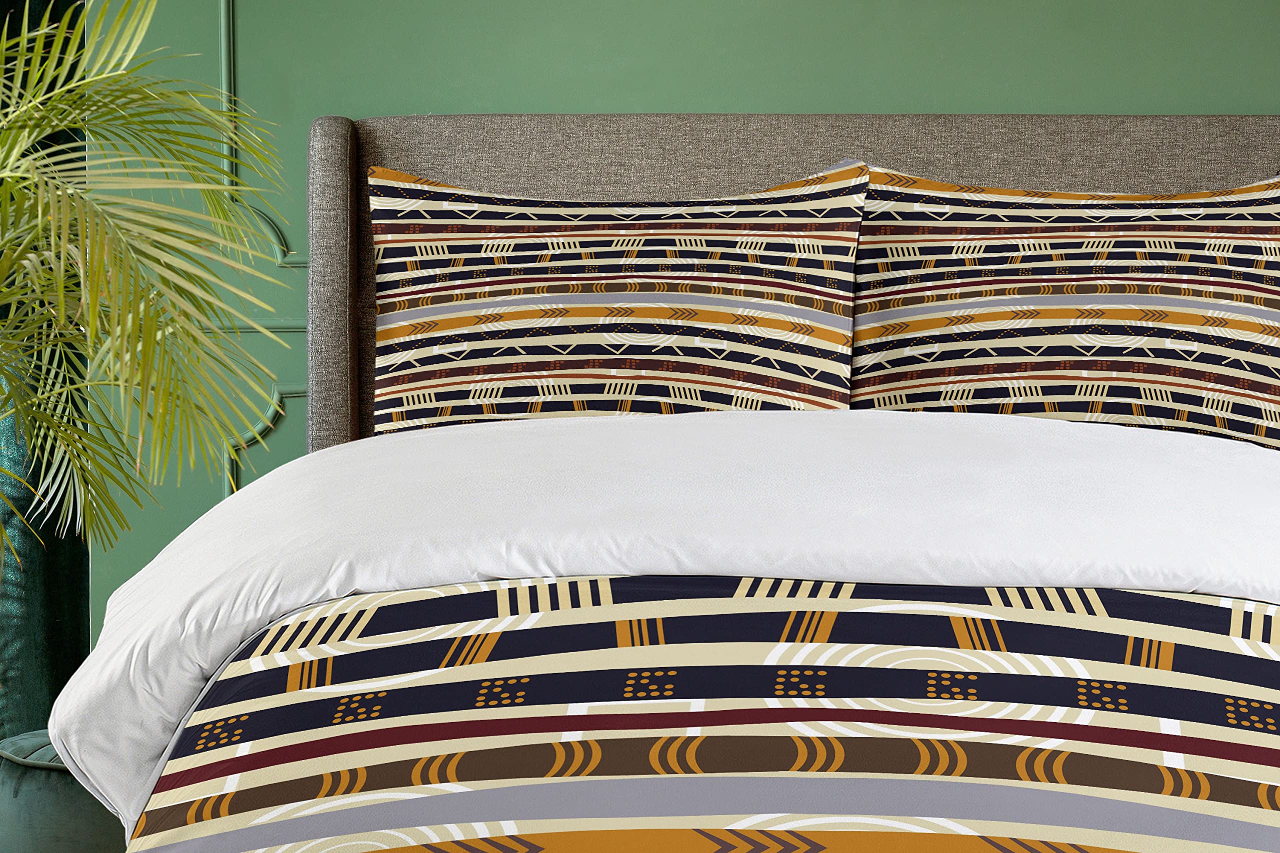 Ambesonne Abstract Duvet Cover Set, Ethnic Style Geometric Forms Striped Pattern on Bold Earth Tones Print, Decorative 3 Piece Bedding Set with 2 Pillow Shams, King Size, Orange Cream