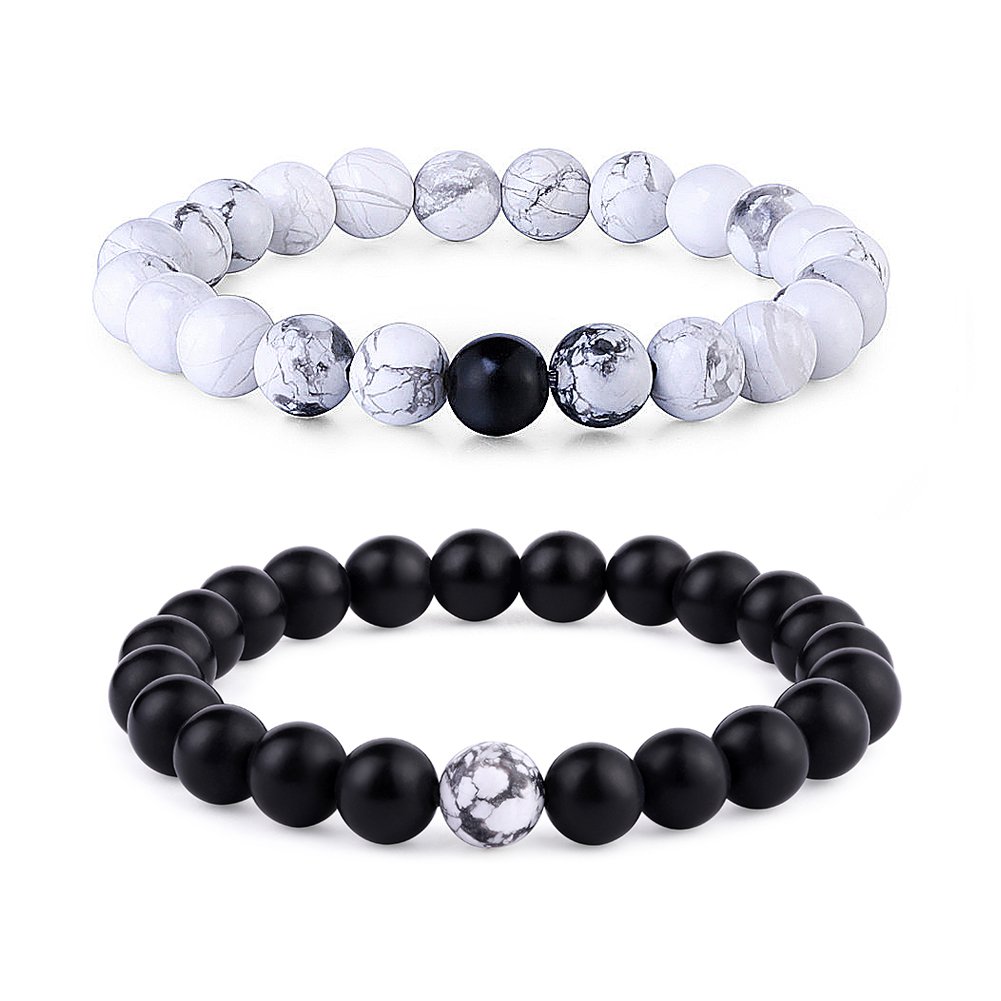 2 Pcs Couple Distance Relationship Bracelets Black Matte Agate & White Howlite Energy Beads Stone Ying Yang Balance Bracelet Banglet for Lovers Touch Bracelets Long Distance Relationship¡