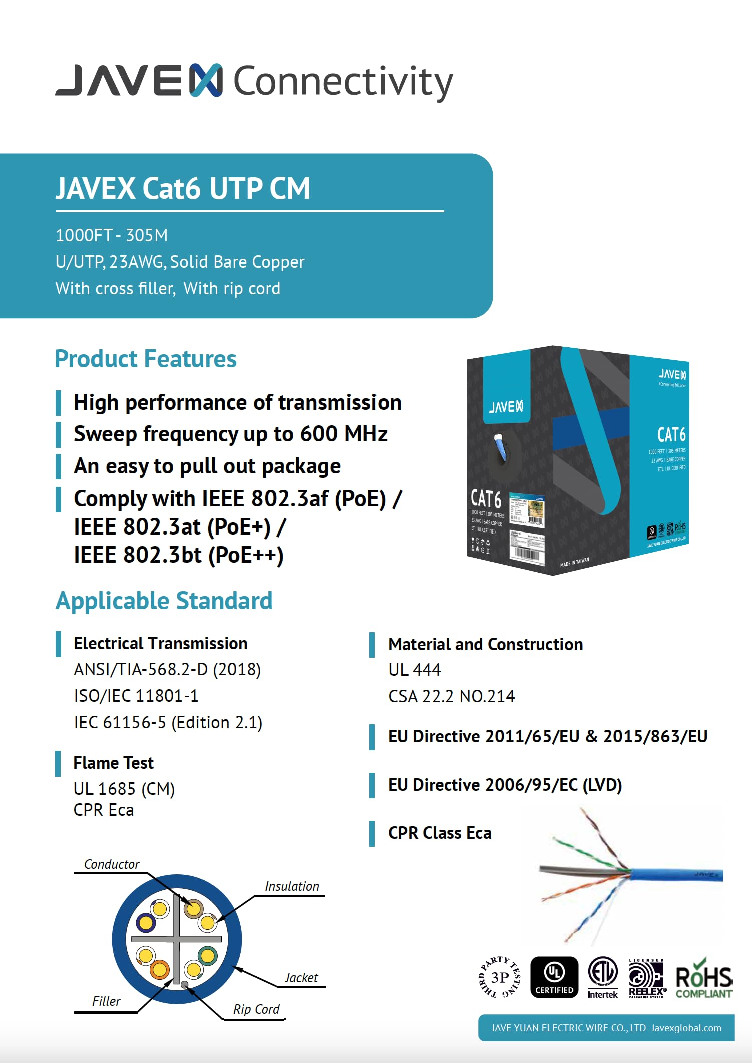 JAVEX 23AWG CAT6 UL Certified [1000 Feet] Solid Bare Copper 600MHz, PoE++ up to 100W, ETL Listed, TAA Compliant, UTP Ethernet Bulk Cable, Blue