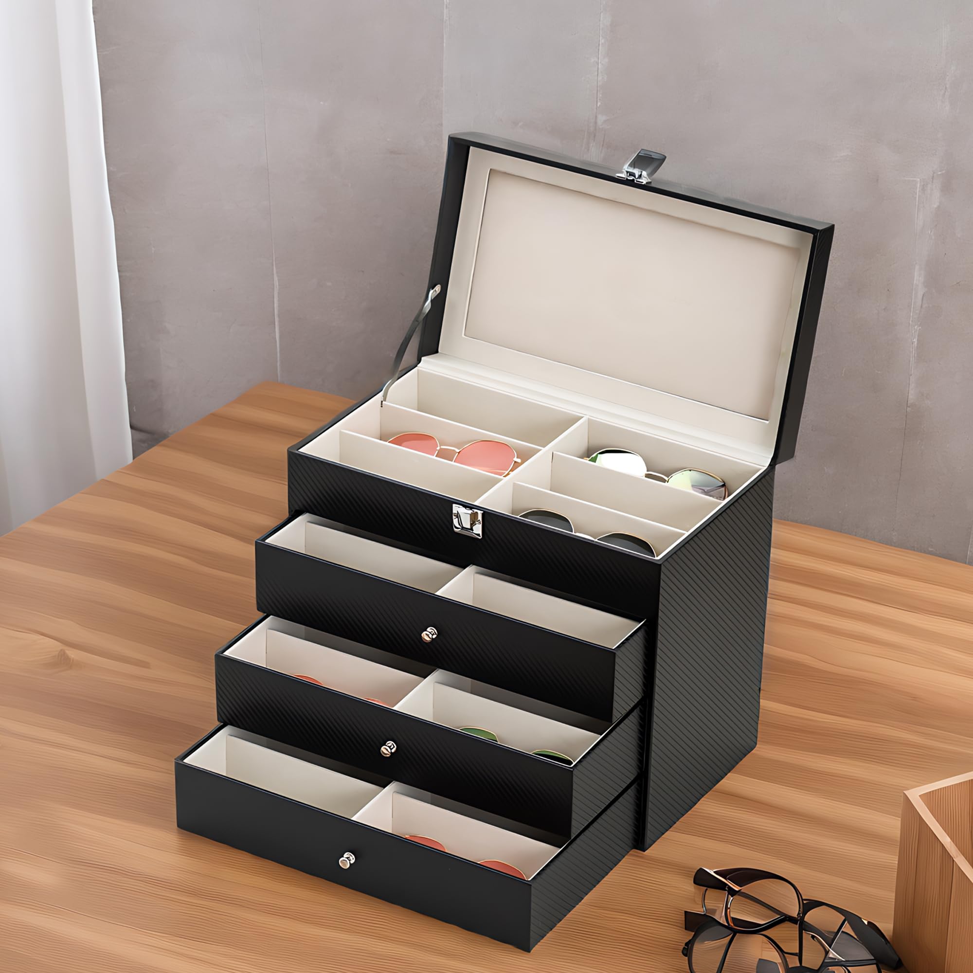 4 Tier Sunglasses Organizer,24 Slot Drawer Sunglass Organizer Leather Eyeglasses Display Organizer,Glasses Storage Box,Suitable for Sunglasses, Watches, Jewelry (Interior White)