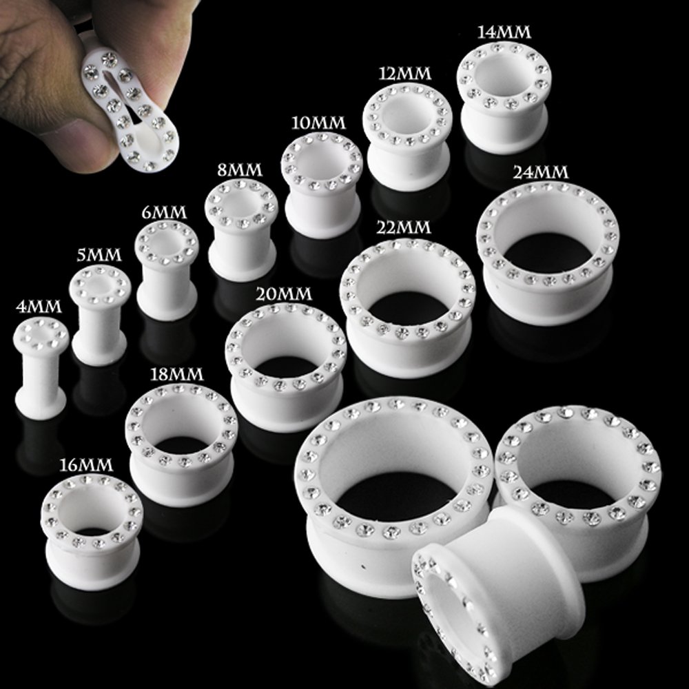 2 Gauge - 6MM Multi Crystal Stone Setting On White Silicone Double Flared Flesh Tunnel - Sold by Piece