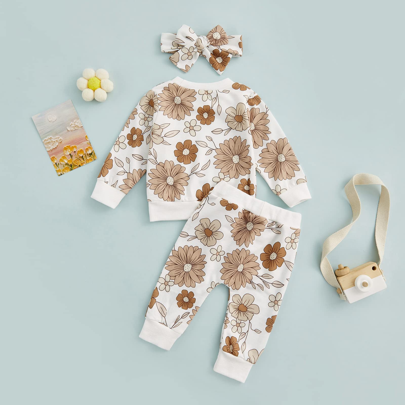 3Pcs Baby Girl Outfits Floral Sweatshirt + Pants + Headband Infant Fall Winter Clothes White 18-24 Months