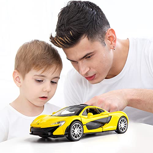 BDTCTK Compatible for 1:32 McLaren P1 Model Car, Zinc Alloy Pull Back Toy Car with Sound and Light for Kids Boy Girl Yellow