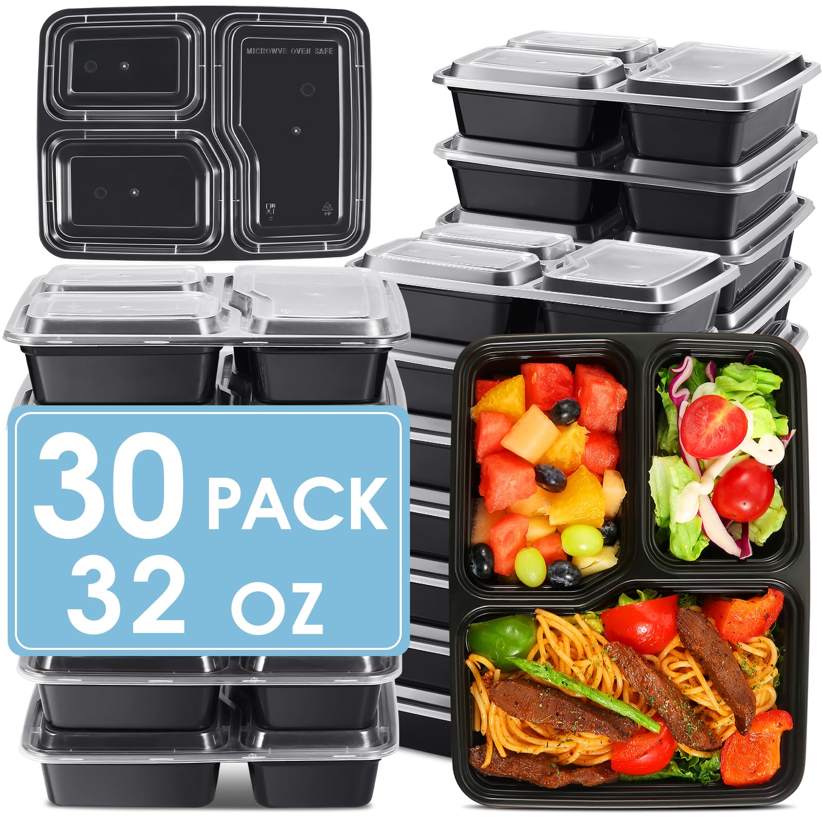 30 Pack Meal Prep Containers, 32 Oz 3 Compartment Food Storage Containers with Lids, Extra-thick Plastic To Go Containers, Disposable Lunch Box, BPA Free, Stackable, Dishwasher/Microwave/Freezer Safe