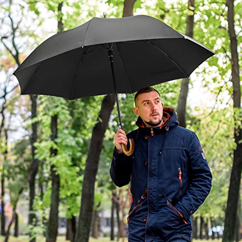 G4Free Wooden J Handle Umbrella 54 Inch Large Auto Open Classic Windproof Rain Stick Umbrellas for Men Women (Black)