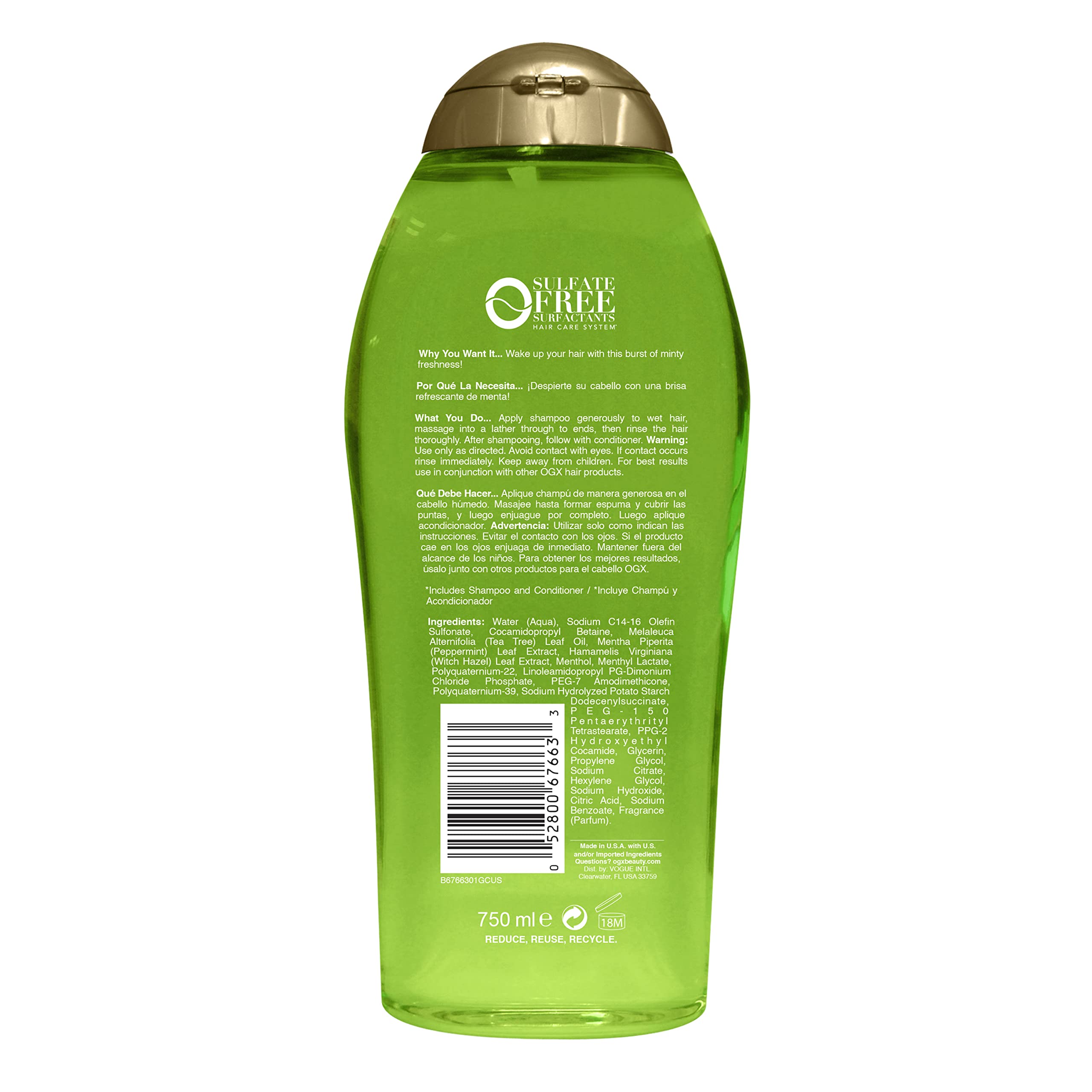 OGX Extra Strength Refreshing Scalp + Teatree Mint Shampoo, Invigorating Scalp Shampoo with Tea Tree & Peppermint Oil & Witch Hazel, Paraben-Free, Sulfate-Free Surfactants, 25.4 Fl Oz