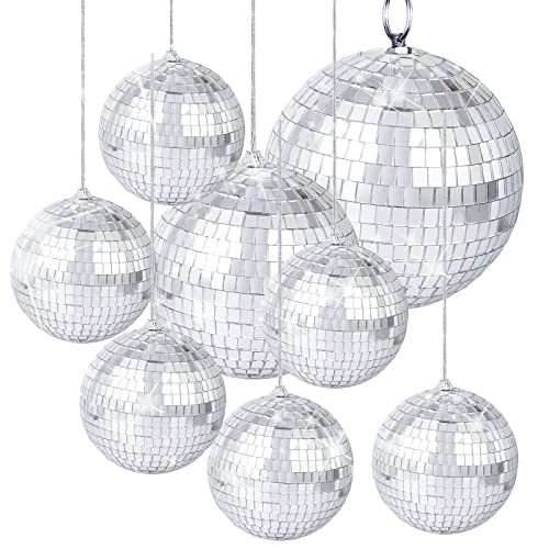 8 Pieces Mirror Disco Ball Glass Mirror Reflective Silver Ball Decorations Hanging Disco for Disco Theme Party Decorations Disco Stage Club School Home Decor