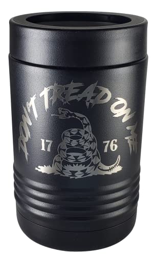 Gadsden Flag Don't Tread On Me - DTOM Double Walled Stainless Steel Insulated Can Cooler β Holds 12 or 16 oz Cans or 12 oz Bottles - Two-Sided Engraving - Includes USA Flag Sticker (Gadsden Flag)