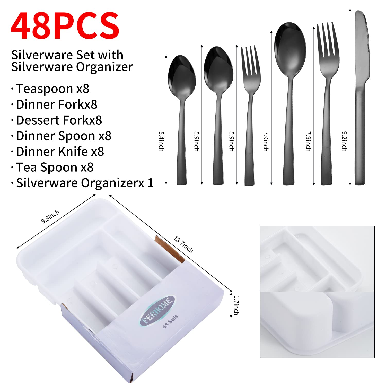 48 Piece Black Silverware Set for 8, RAEEK Stainless Steel Cutlery Flatware Set with Organizer, Mirror Polished Kitchen Utensils Tableware Sets, Include Fork Knife Spoon Set