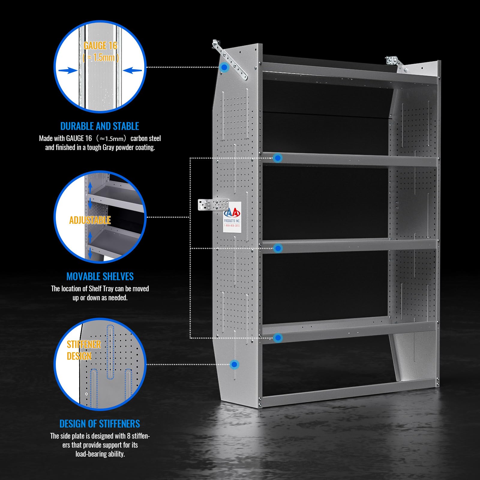 AA Products SH-6004 Steel Mid/High Roof Van Shelving Storage System Fits Transit, NV, Promaster and Sprinter, Van Shelving Units, 42''W x 60''H x 13''D