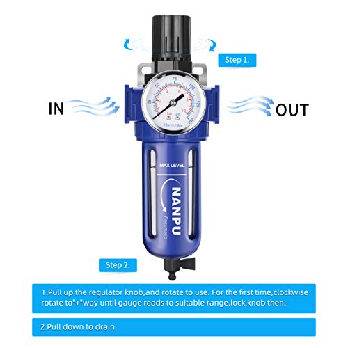 NANPU 1/2" NPT Compressed Air Filter Regulator, Zinc Alloy, 5 Micron Brass Element, 0-150 psi Gauge, Quick Release Bowl, Manual Drain, Metal Bracket