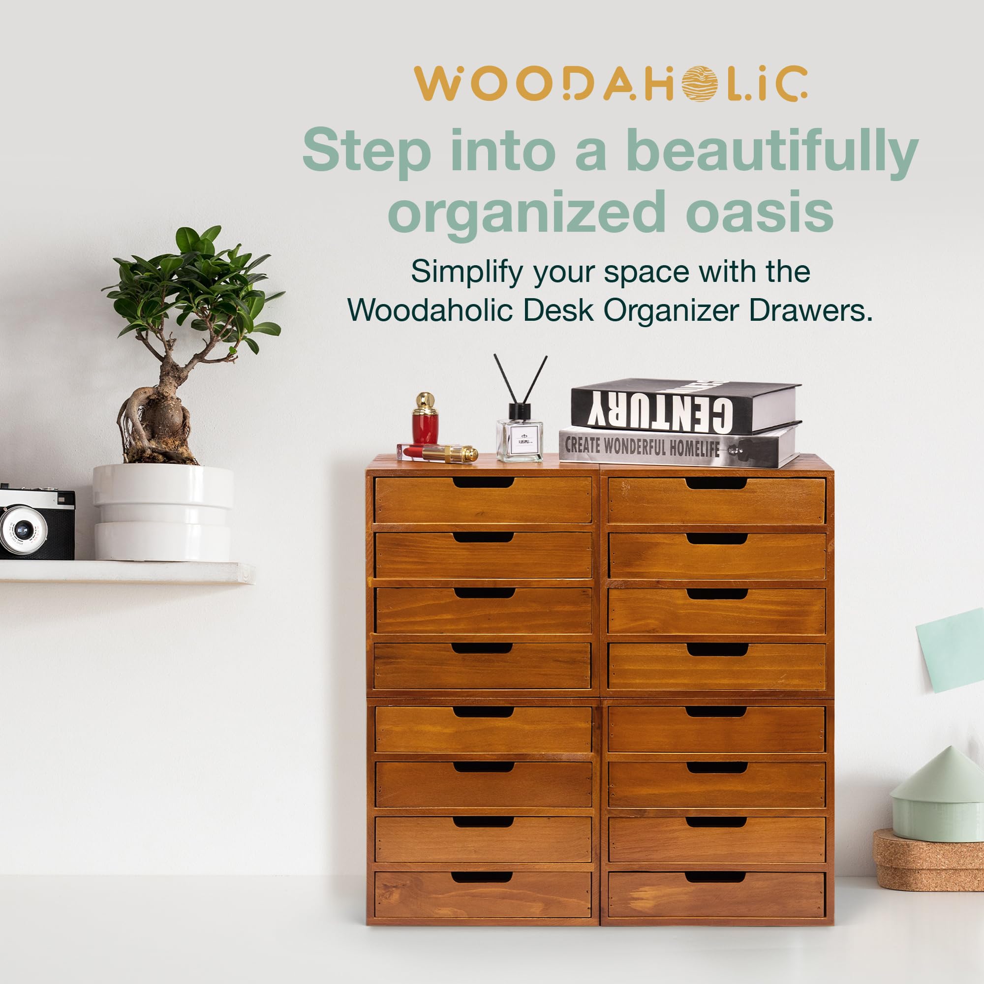 4-Pack 4 Drawer Desktop Storage Organizer in Modern Wood Design (20โx7โx 20โ) Stackable Drawers For School Office - Vanity Accessories Organizer - Countertop Organizer Drawer in Modern Mahogany Wood