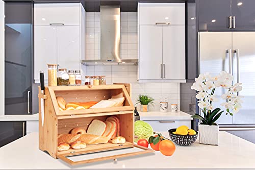 HOMEKOKO Double Extra Large Bread Box, Two-layer Extra Large Oversized Bread Box for Kitchen Counter, Wooden Large Capacity Bread Storage Bin with Cutting Board (Natural Bamboo)