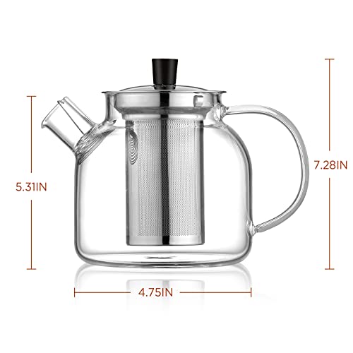 800ml Glass Teapot (2-Pack) with Removable Infuser Ehugos 27OZ Stovetop Safe Small Tea Pot, Blooming and Loose Leaf Hand Crafted Kettle for Women and Adult with Stainless Infuser