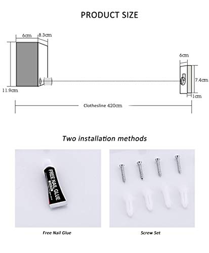 ELLO&ALLO Adhesive Retractable Clothesline with Adjustable Stainless Steel Rope String Hotel Indoor Clothes Dryer, Wall Mounted Shower Drying Line for Bathroom, 13.8 Feets (White)