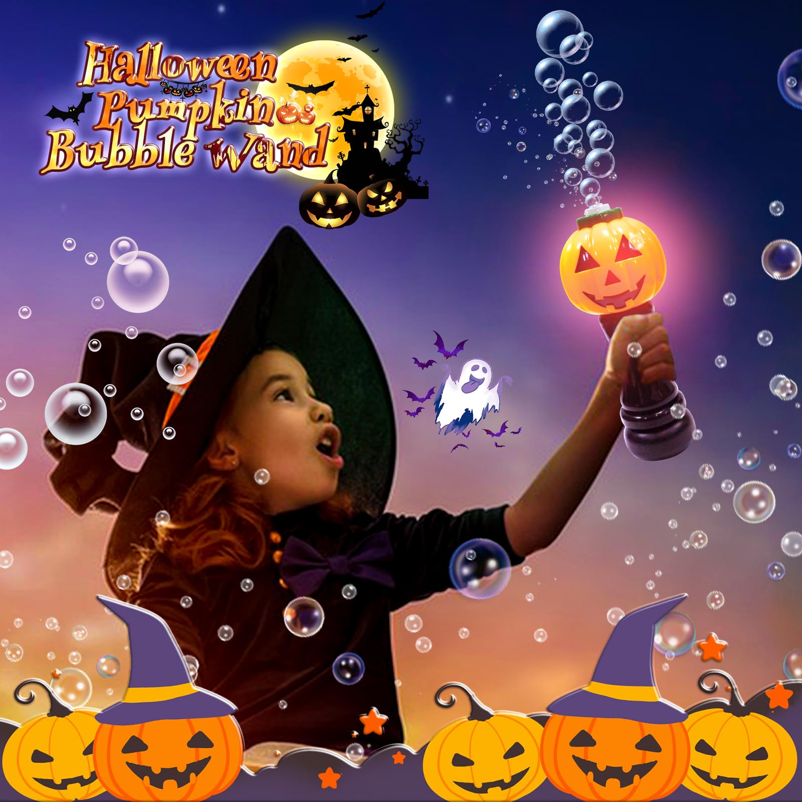 2 PCS Halloween Bubble Blower Wand for Kids, Automatic Light Up Pumpkin and Science Freak Bubble Machine Halloween Party Favors Decor Gift for Kids