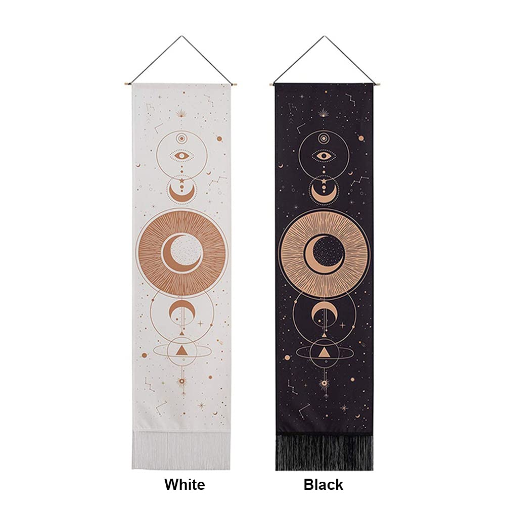 CALIDAKA Moon Phase Tapestry,Moon Stars Tapestry,Starry Sky Tapestry,Moonlit Garden Tapestry,Linen,Modern Home Decor(White)