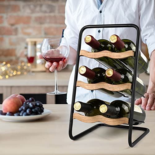 AQAREA Wine Racks Countertop(Iron&Wood) Rustic 3-Tier 6-Wine Bottles Holder Countertop Small Wine Bottle Storage Rack Stand