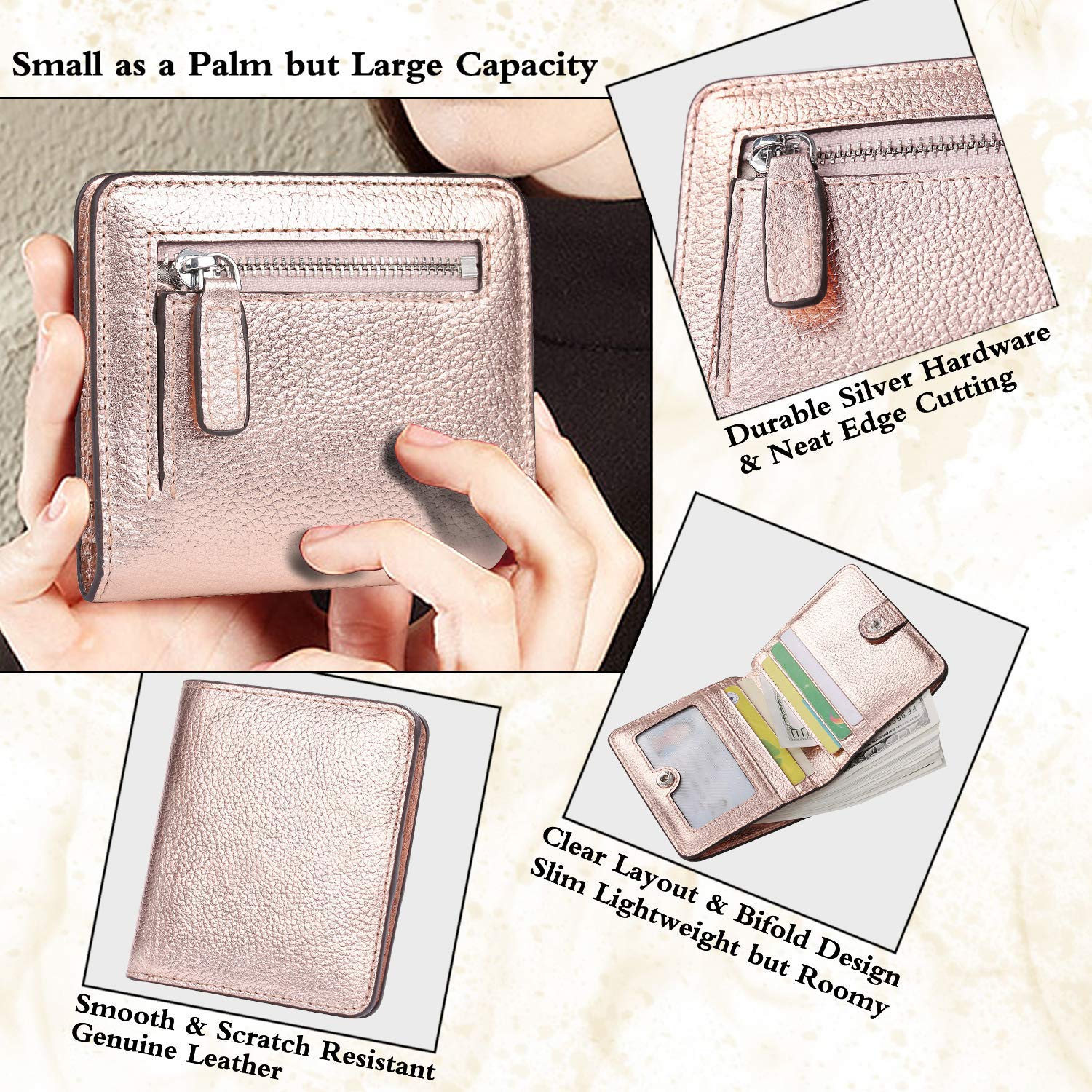 AINIMOER Women Leather Wallet RFID Blocking Small Mini Bifold Zipper Pocket Card Case Champaign Gold and Black Bundle