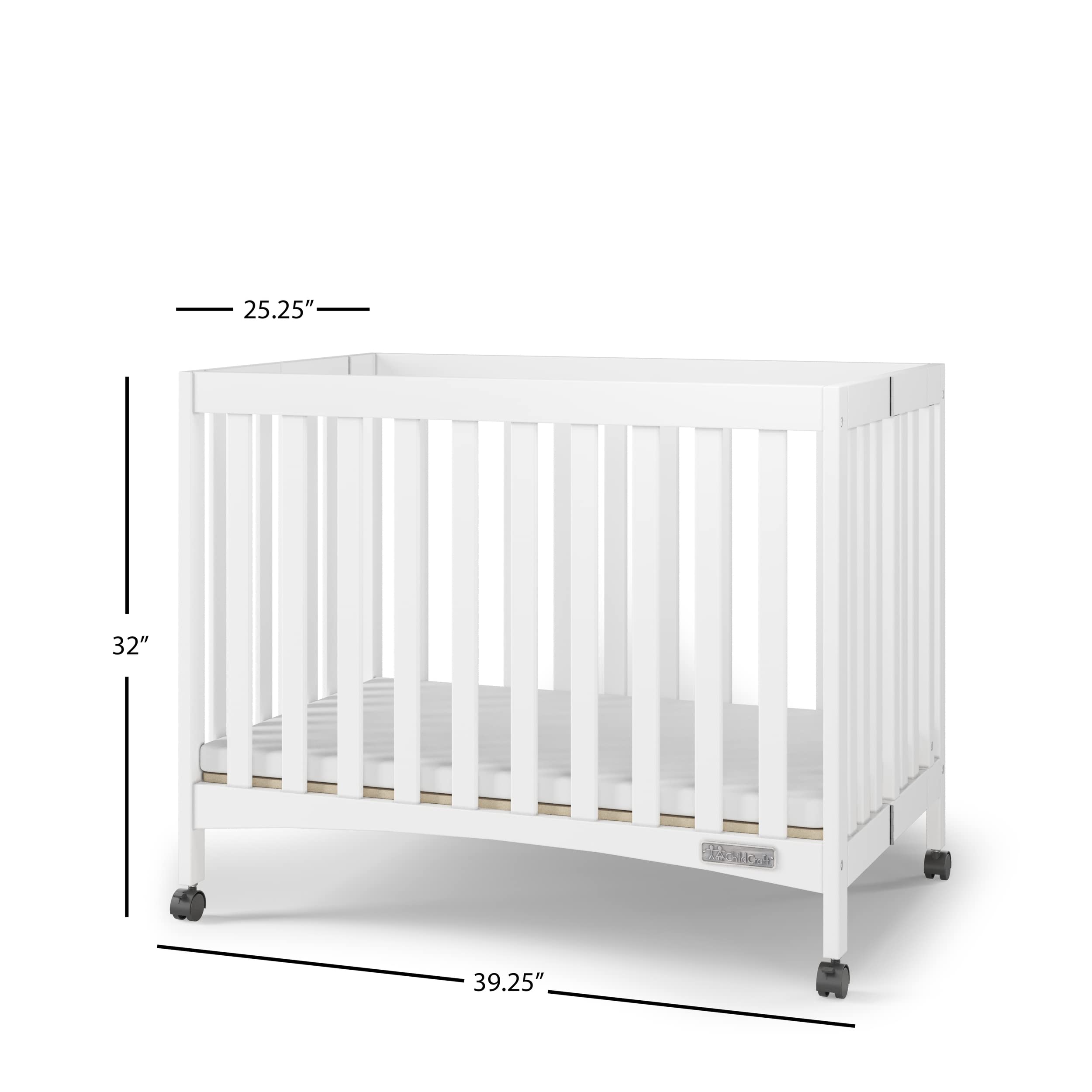Child Craft London Mini Compact Folding Portable Crib with 2β Crib Mattress and 2 Easy Roll Locking Wheels, Durable Pine Wood Construction (Matte White)