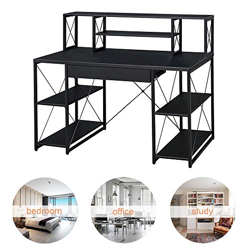 SSLine Computer Desk with Drawer and Hutch Wood&Metal Home Study Writing Table w/Open Shelves Modern Simple PC Laptop Desk Office Workstation - Black /47" L x 24" H x 41" H
