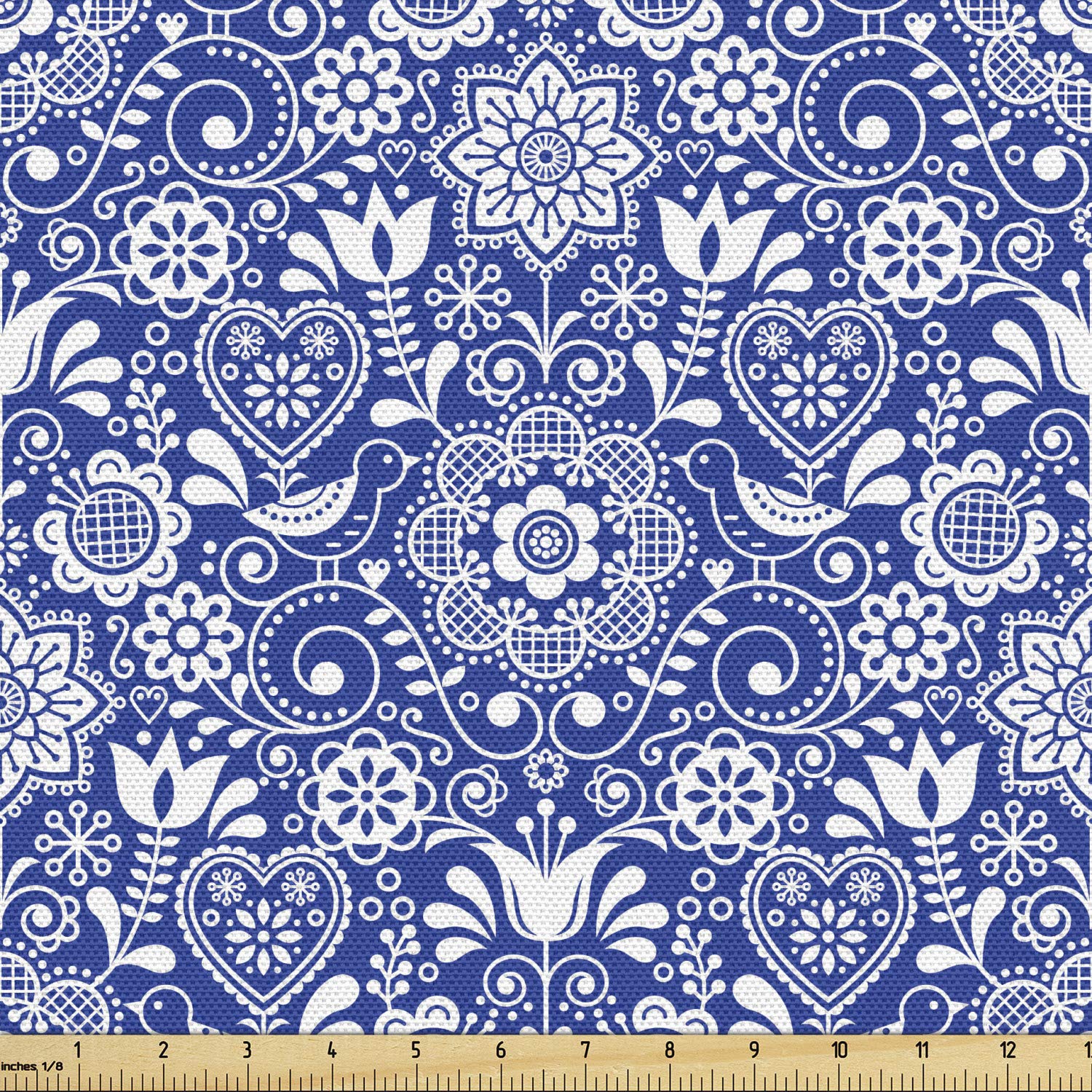 Ambesonne Navy Blue Fabric by The Yard, Ethnic Repeating Flowers Folkloric Traditional Ornamental Motifs, Decorative Fabric for Upholstery and Home Accents, 3 Yards, White and Lavender Blue