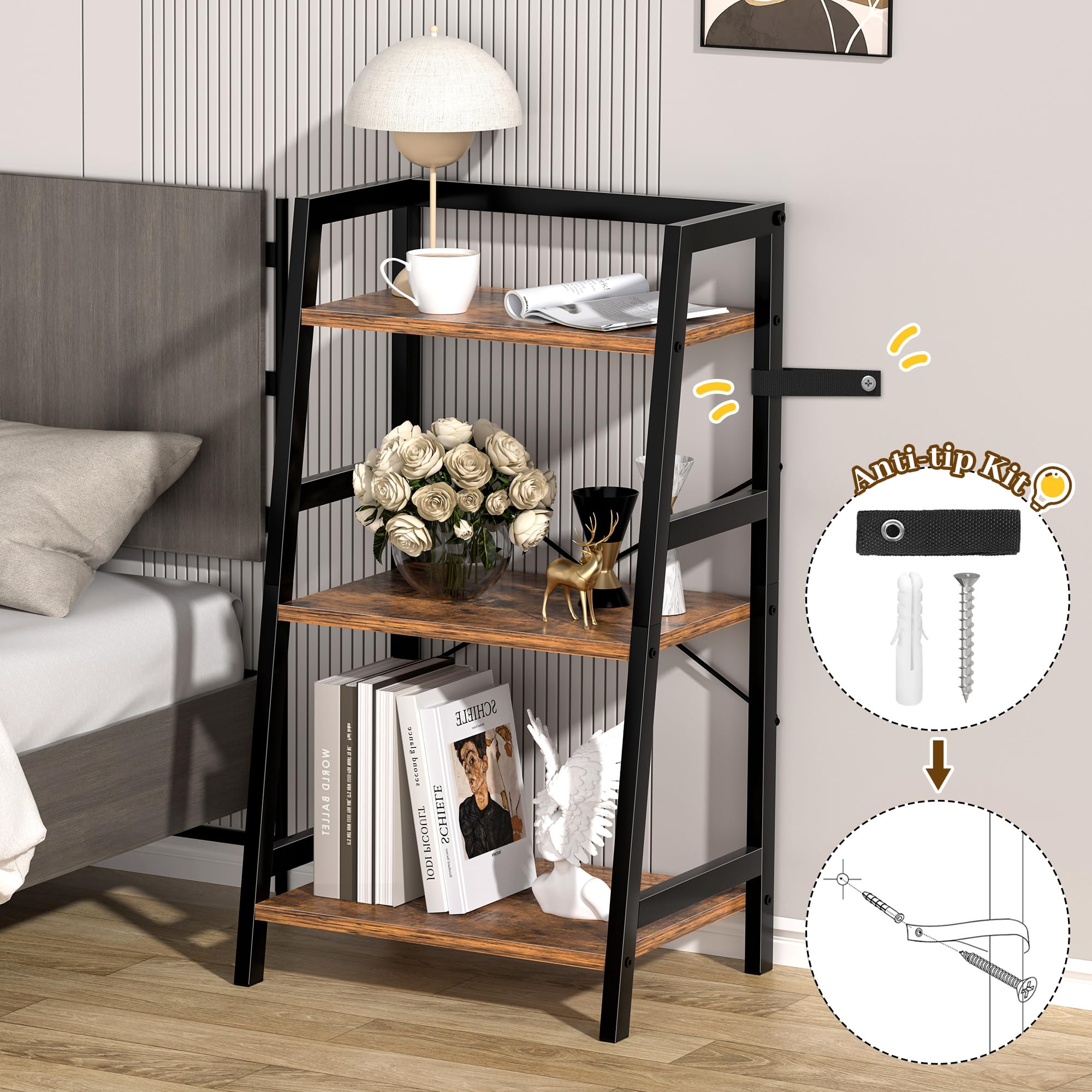3-Tier Bookshelf, Ladder Shelf, Industrial Bookcase with Steel Frame, Metal Small Bookcase, for Living Room, Home Office, Kitchen, Bedroom, Industrial Style(Rustic Brown & Black)