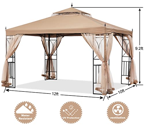 ABCCANOPY Patio Outdoor Gazebo 10X12 - Gazebo Canopy with Netting and Corner Frame Screen Wall for Backyard,Garden Gazebo Lawn (Khaki)