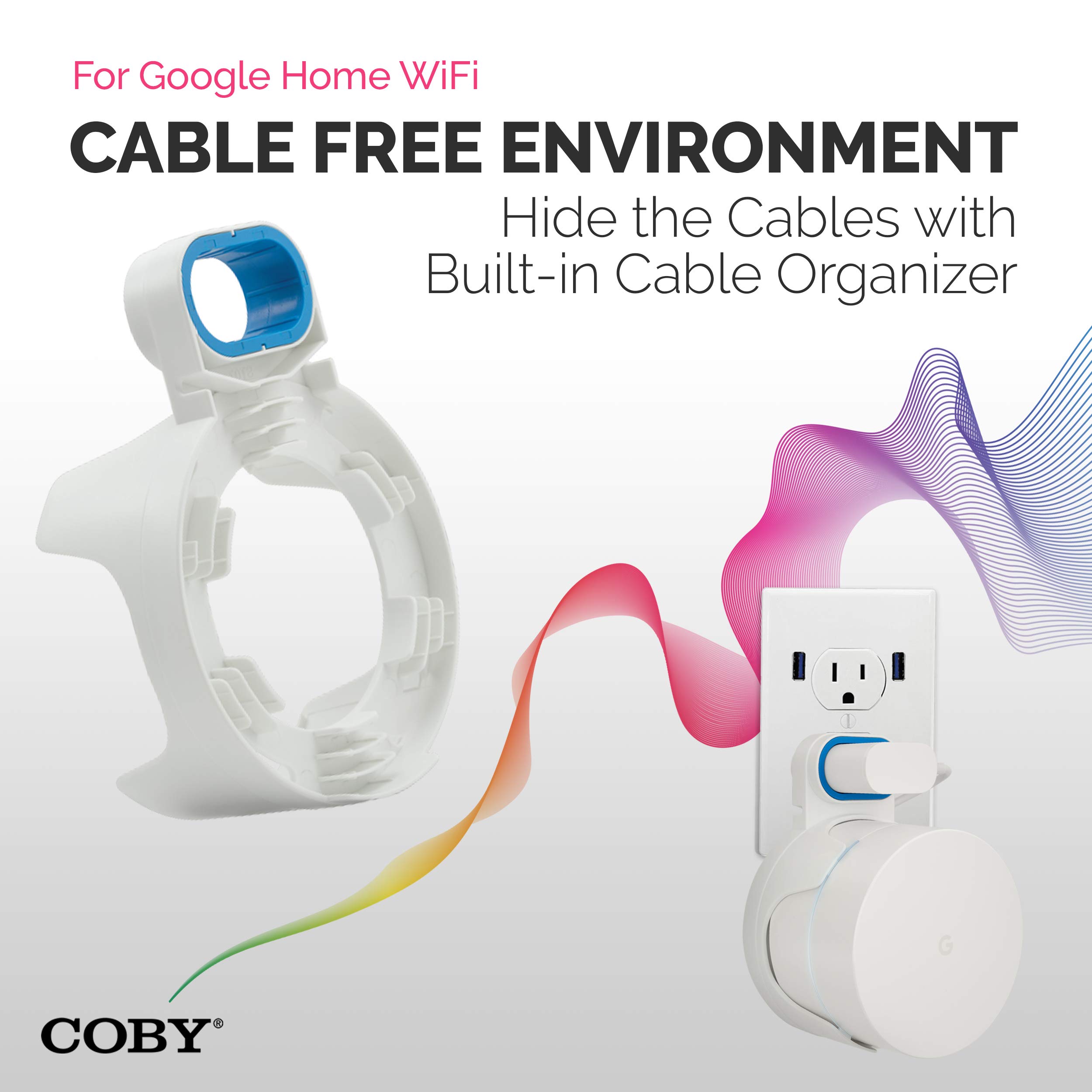 COBY WiFi Wall Outlet Mount Holder, Compact Cable Management Case, No More Tangled Cords! - White