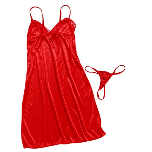Atezch_ Womens Cami Nightdress + Panty Set, Babydoll Sleepwear Underwear Sexy Babydoll Lace Sleep Dress (Red, One Size)
